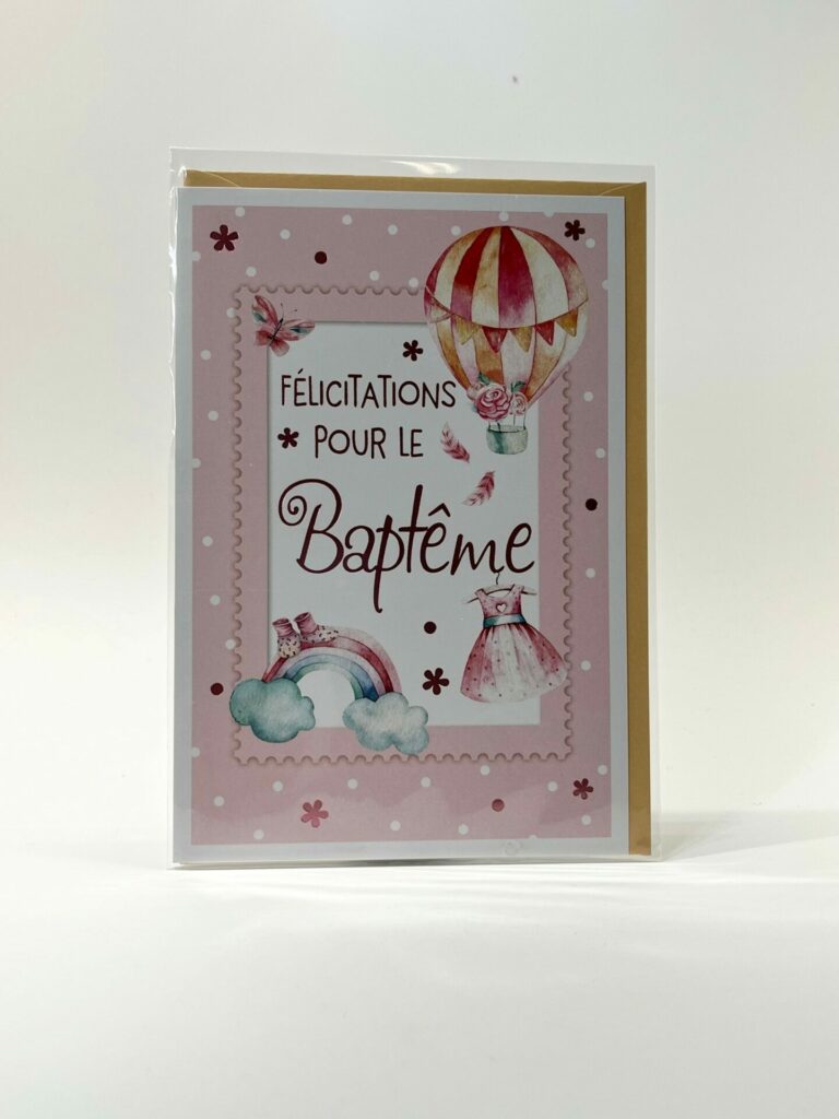 CARTE DOUBLE FELICITATIONS POUR LE BAPTEME MONTGOLFIERE ROSE - Articles ...